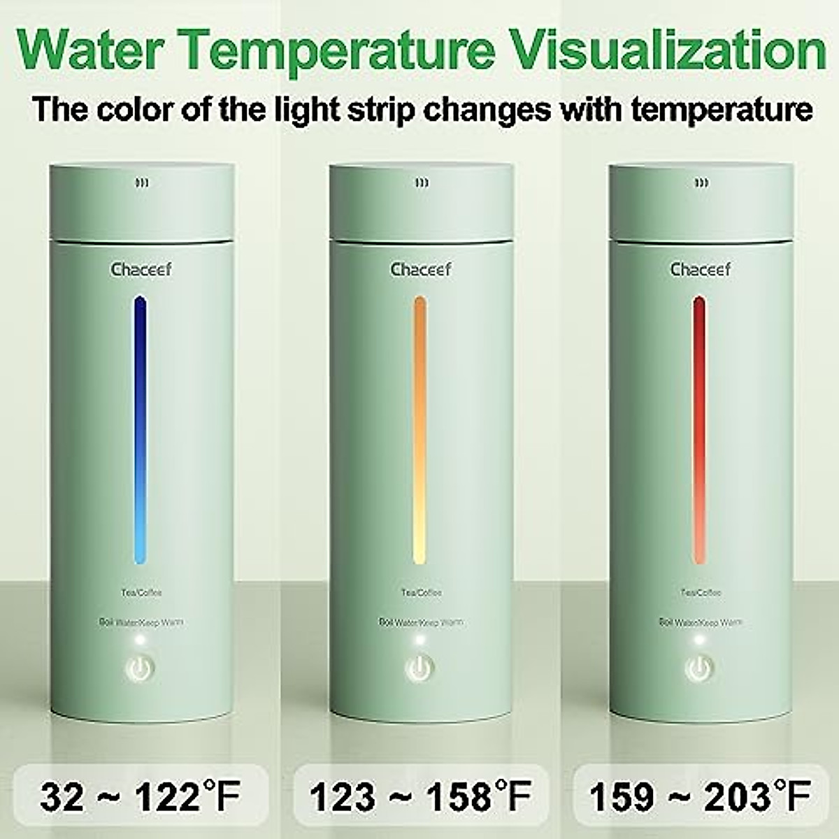 CHACEEF Travel Electric Kettle, 350ml Portable Kettle, Small Electric Kettle with Non-stick Coating, BPA Free, 3 Colors LED Water Boiler with Keep Warm Function, Fast Boil and Auto Shut Off Water Kettle, Green