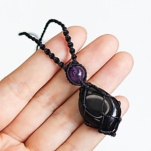 CrystalsMacrame Black Obsidian and Amethyst crystal necklace for protection and healing, handmade necklace with 2 stones pendant jewelry for women men teen girls boys