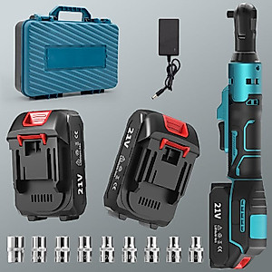 Housiwill 21V 3/8" Cordless Ratchet Wrench Set , Electric Ratchet Wrench Set with 2*2000mAh Li-ion Batteries + 1*2A Charger + 9*Bolt Sockets , 60 ft-lbs 450 RPM Cordless Electric Ratchet Wrench Set.
