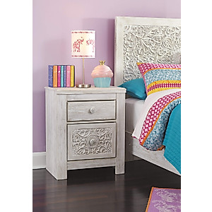 Signature Design by Ashley Paxberry Boho 2 Drawer Nightstand with 2 Slim-Profile USB Charging Ports, 29.21" Tall, Whitewash