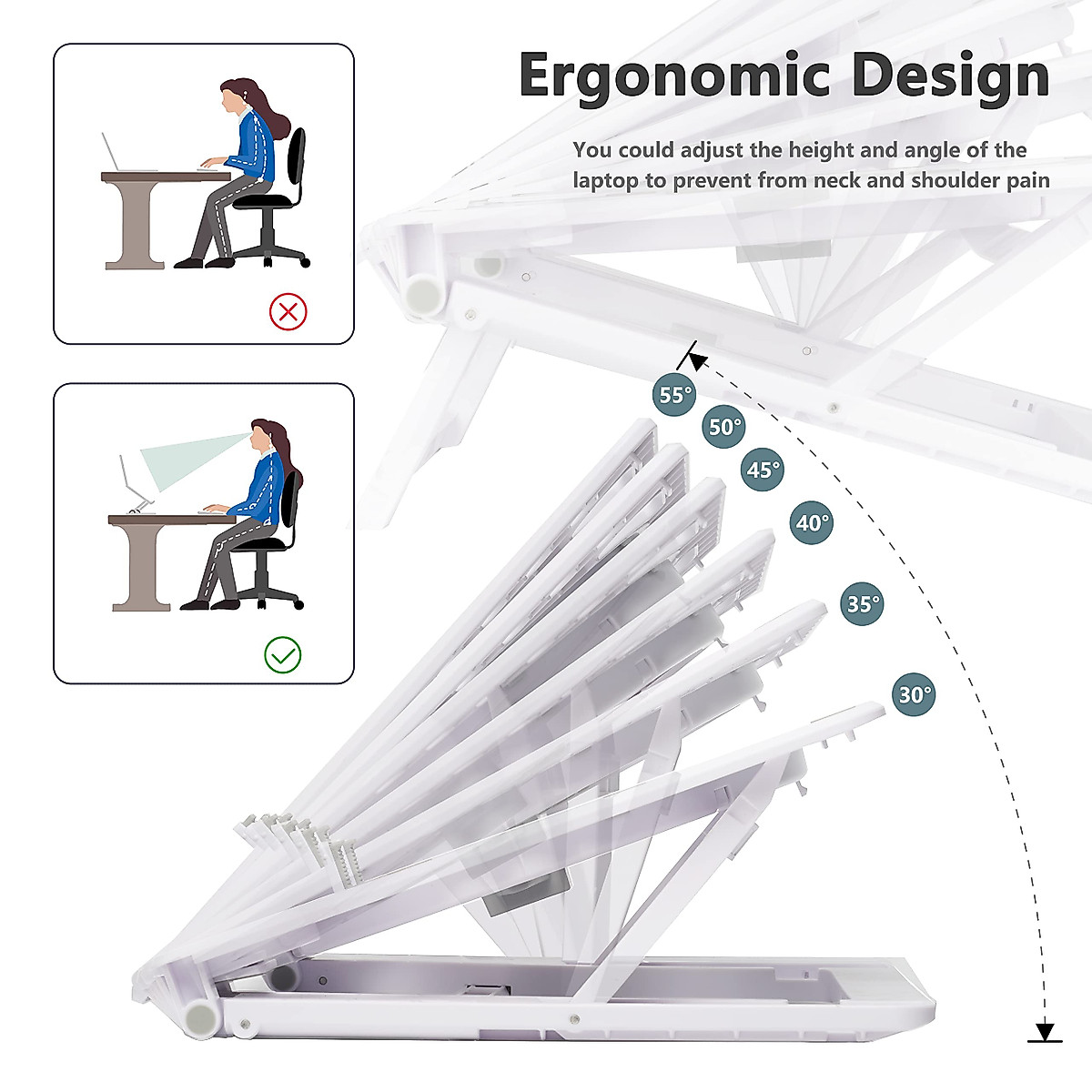 PHOCAR Laptop Cooling Pad, Adjustable Laptop Stand with Cooling Fan for MacBook, Compatible with iPad, iPhone Pro Max, MacBook, Dell, HP, Surface, from 7' to 17' Phones or Laptops-Black