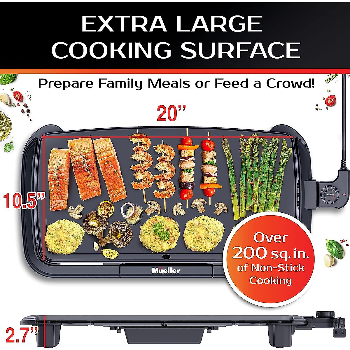 Mueller HealthyBites Electric Griddle Nonstick, 20 Inch Eco Pancake Griddle Grill Teflon-free, 10 Eggs at Once, Cool-Touch Handles & Slide-Out Drip Tray, for Breakfast Pancakes, Burgers, Eggs