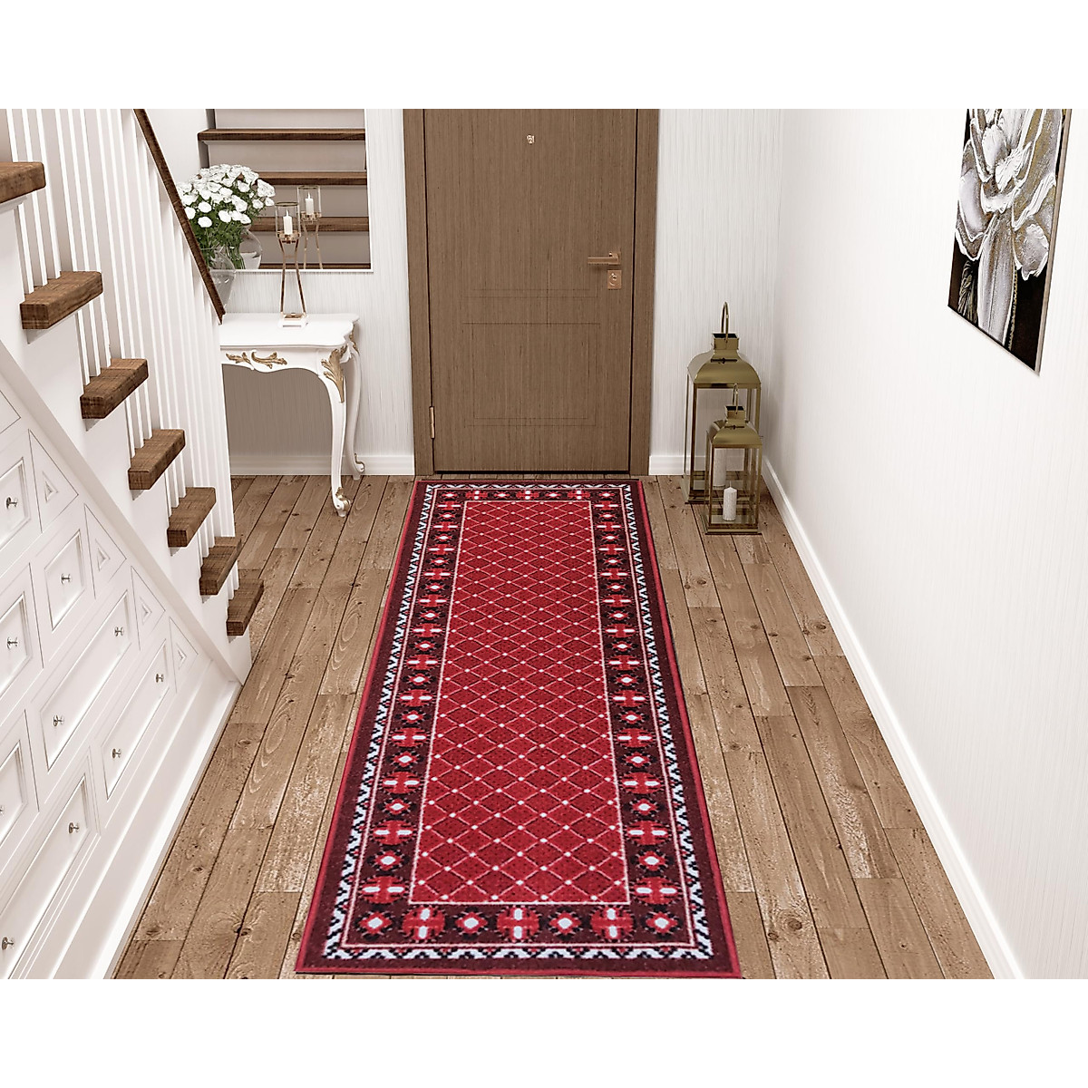 Gloria Non Slip Rubber Back Checkered Design Kitchen Rug Kitchen Runner Kitchen Mat Carpet for Kitchen Anti Slip Stair Treads (Checkered-Red, Runner (23"x84"))