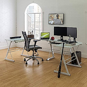Walker Edison Ellis Modern Glass Top L Shaped Corner Gaming Desk with Computer Keyboard Tray, 51 Inch, White