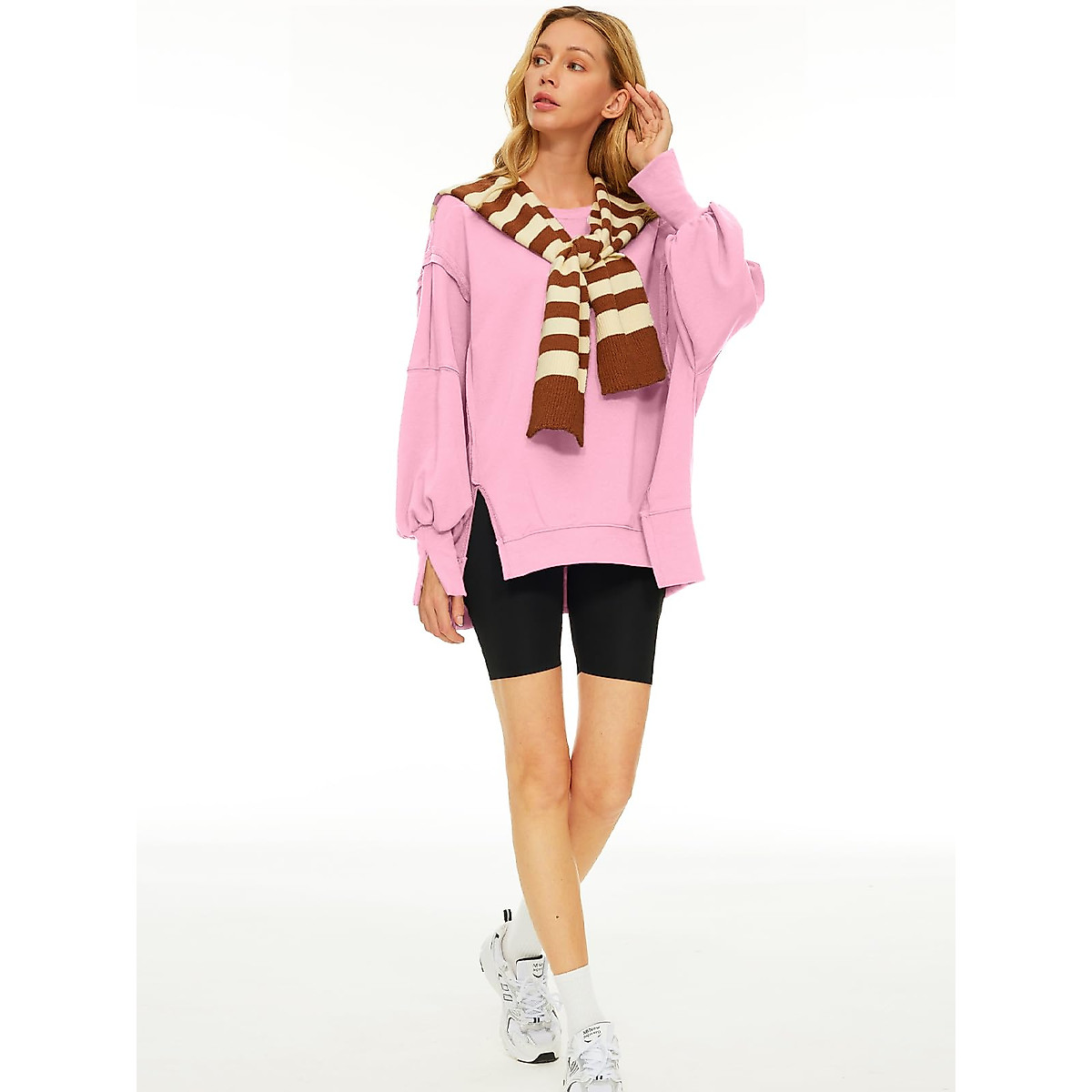 Trendy Queen Womens Oversized Sweatshirts Hoodies Crewneck Shirts Fall Outfits Teen Girls Y2k Winter Clothes Pink L