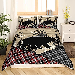 Retro Farmhouse Comforter Cover Bear Patchwork Bedding Set,Brown Wood Country Cabin Duvet Cover King Woodland Animals Dark Shadows Rustic Decor,Red Black Lattice Checkered Buffalo Plaid Decor