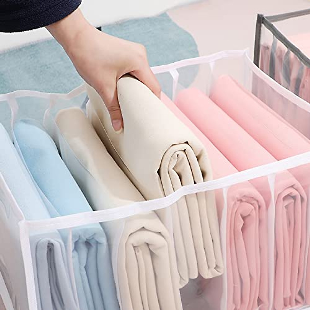 GRASARY Drawer Transparent Clothes Storage Box Home Compartment Organizer for Jeans, Pants, Closet, Socks Underwear, Bra (Grey and White) White 7Grid