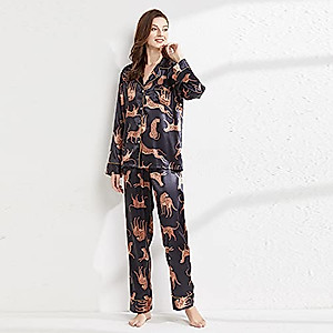 Belle Heure Women’s Silk Satin Classic Long Sleeve Pajamas Button Down Silky Floral Animals Pattern Set Loungewear Sleepwear Leopard Black