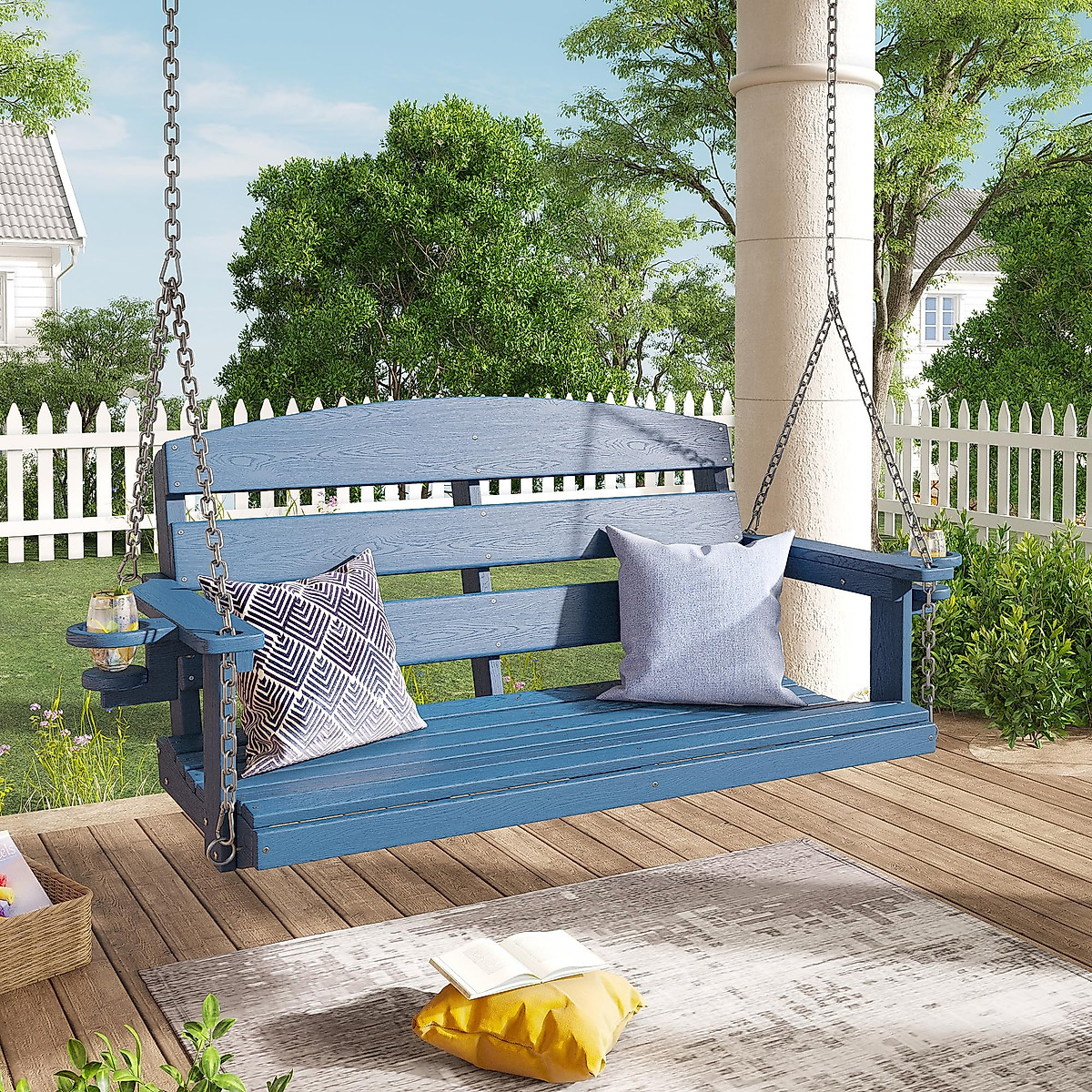 VICLLAX Outdoor Hanging Porch Swing, HDPE Patio Swing Chair with Cup Holders, 2 Seat Swing Chair Bench for Courtyard & Garden, 600LBS Weight Capacity, Dark Blue