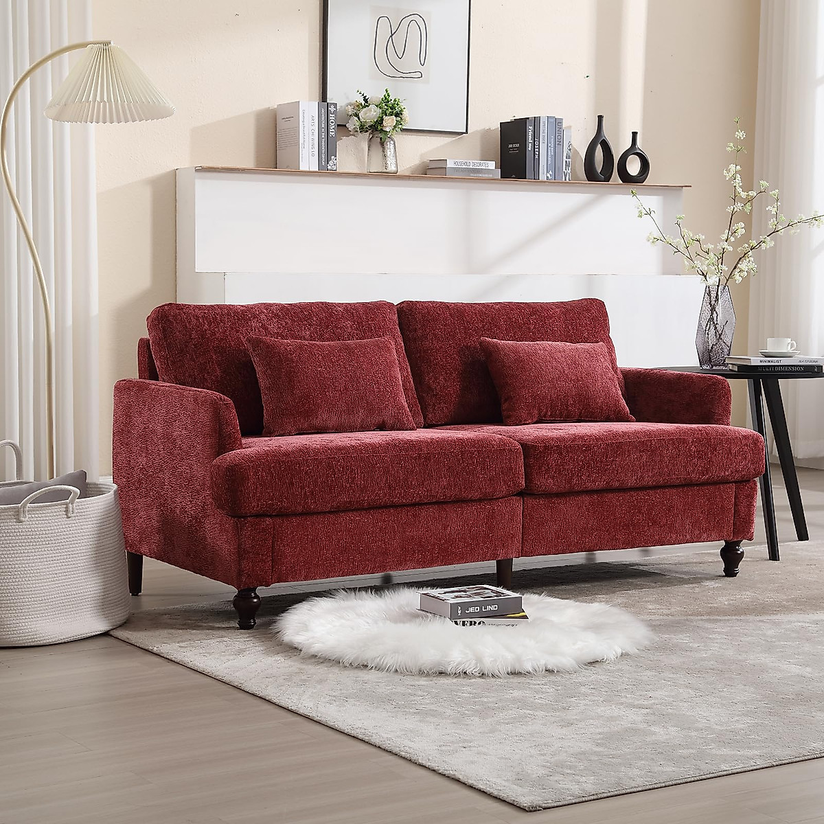 JOYBASE 70 inch Loveseat Sofa, Mid-Century Modern Love Seat Couch with Wood Legs, Upholstered Comfy Sofa for Living Room, Apartment, Office, Bedroom (Wine Red, Chenille)