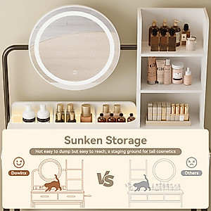 Dowinx Vanity Desk with LED Lighted Mirror & Power Outlet, White Vanity Desk with Adjustable 3 Lighting Modes, Small Vanity Desk for Bedroom, Makeup Vanity with Chair for Girl, White and Black