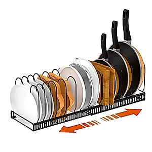 GZHXHMY Expandable Pot and Pan Organizer for Cabinet,Pot Rack with 10 Adjustable Compartment Kitchen Storage (Black)