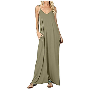 Padaleks Women's Spaghetti Strap V-Neck Full Length Dress Sexy Sleeveless Camisole Beach Party Dresses with Pocket