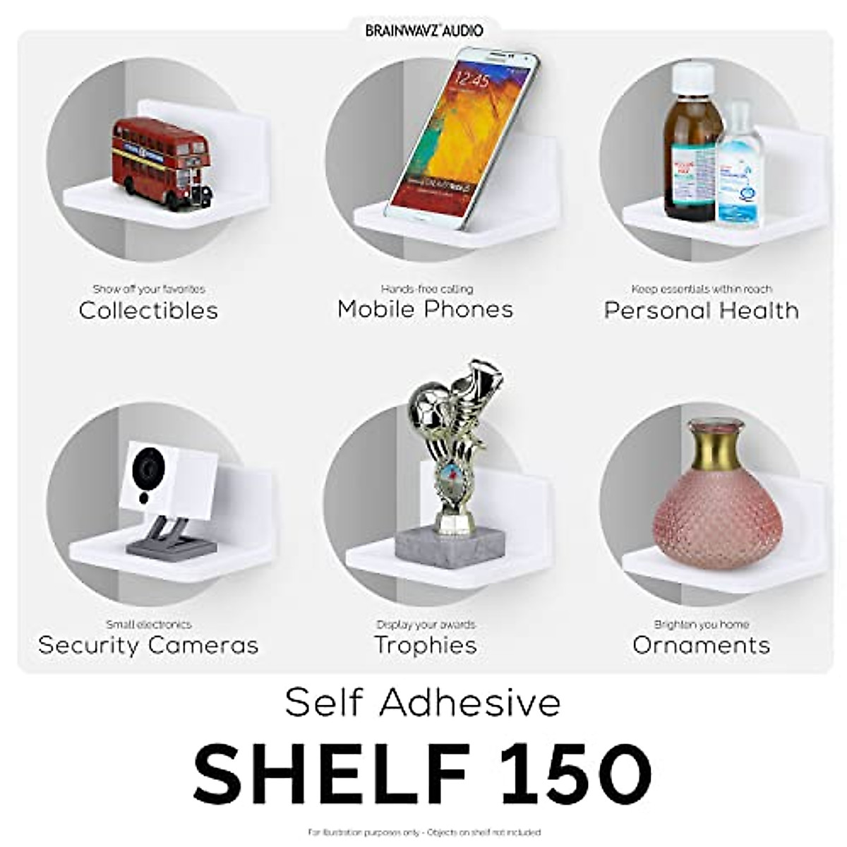 BRAINWAVZ 4.6" Universal Floating Small Wall Shelf Mount for for Speakers, Security Cameras, Plants, Decor, Book, Bathroom etc, Screwless Holder Stand, Strong Adhesive (4.6” x 3.3” SHELF150 White)