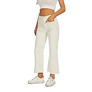 DECIVI Women Straight Leg Capris Jeans Mid Rise Cropped Pants Stretchy Ankle Length with Pockets White