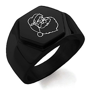 Black IP Plated Stainless Steel Jolly Good Santa Claus Hexagon Crest Flat Top Biker Style Polished Ring, Size 10.5