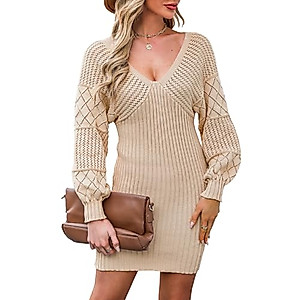CUPSHE Women's V Neck Long Sleeve Casual Sweater Dress Knit Warm Bodycon Pullover Sweater Tan