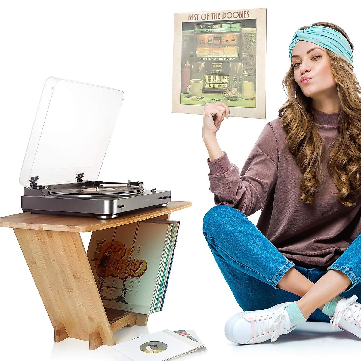 TunePhonik Bamboo LP Record Holder w/Turntable Display Shelf to Stack and Organize 45s/7”and 33s/12” Vinyl Albums