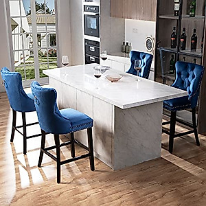 SICOTAS Bar Stools Set of 6 Stool Chair - Tufted Back Counter Stools for Kitchen Counter with Upholstered Velvet Cushion Barstools Nailhead Trim Wood Bar Height Chairs Stool for Pub Bistro 27.2'' Blue
