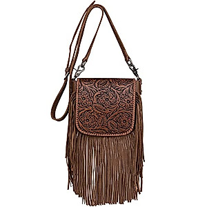 Women's Crossbody Handbags Western Purses for Women Small Crossbody Bags Tooled Leather Fringe Purse Brown RLC-L159BR