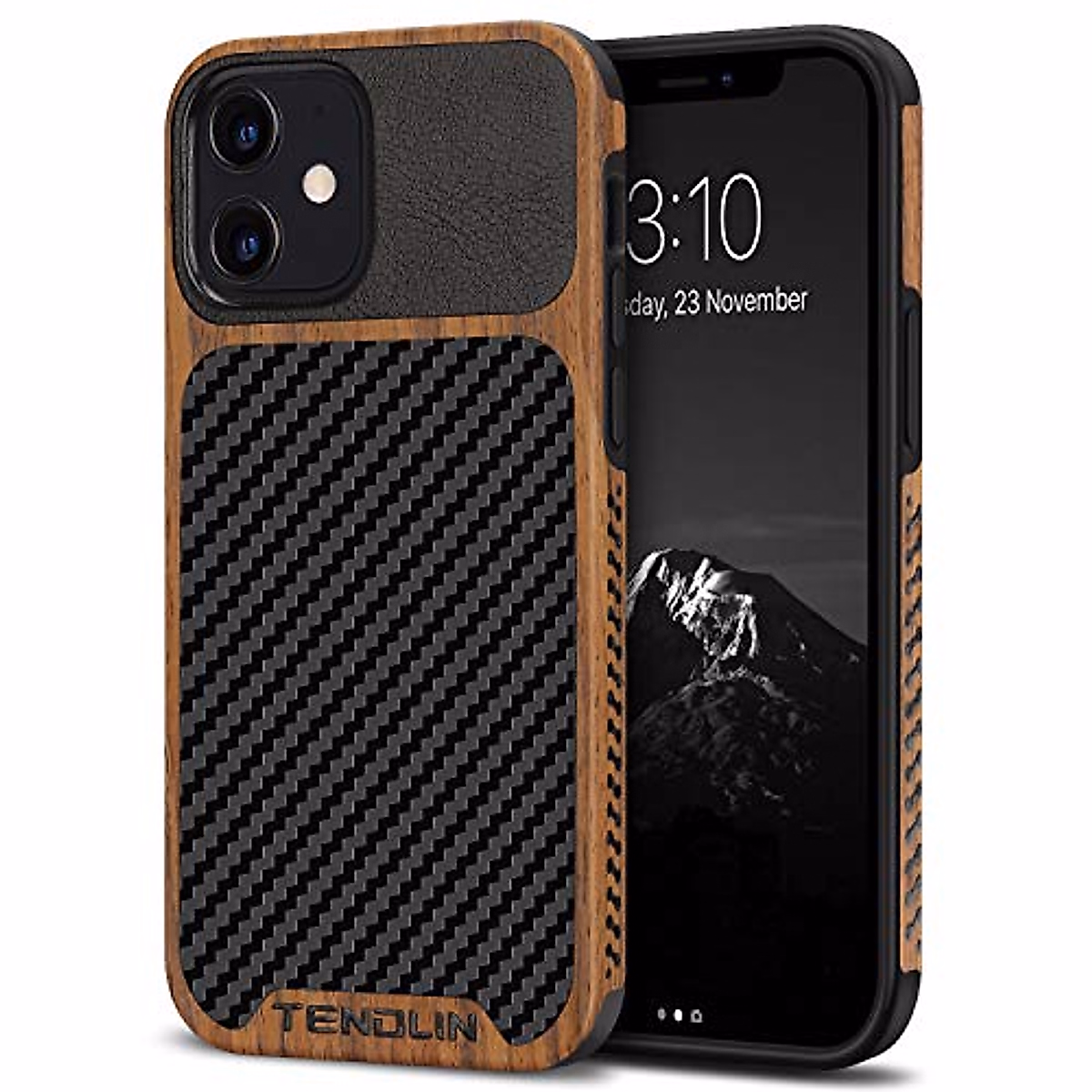 TENDLIN Compatible with iPhone 12 Mini Case Wood Grain with Carbon Fiber Texture Design Leather Hybrid Case