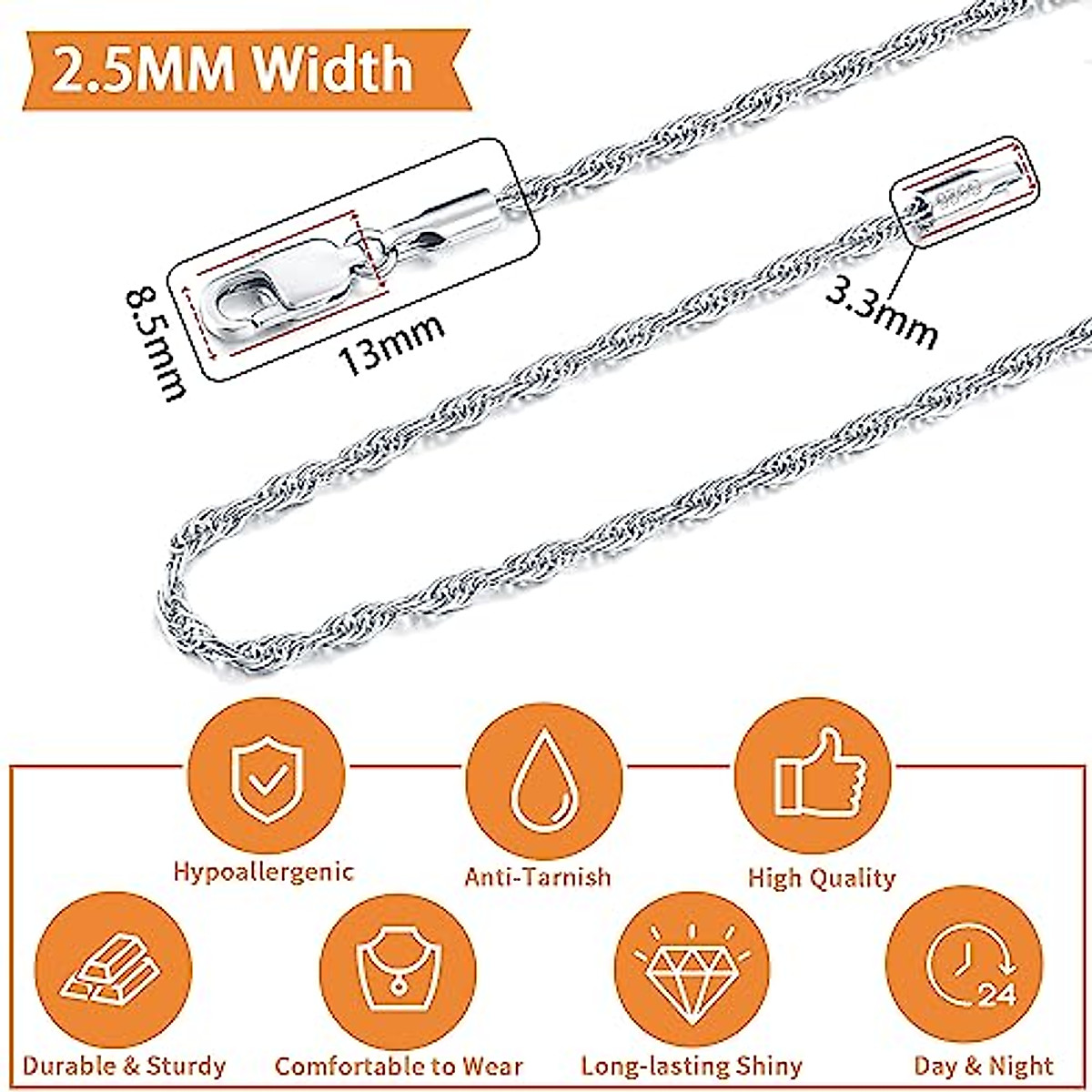 Andsion 925 Sterling Silver Chain Lobster Clasp Rope Chain Necklace for Women Men Boys, 2.5MM Silver Chain for Women, Shiny & Sturdy Womens Chain Necklace 18 Inches