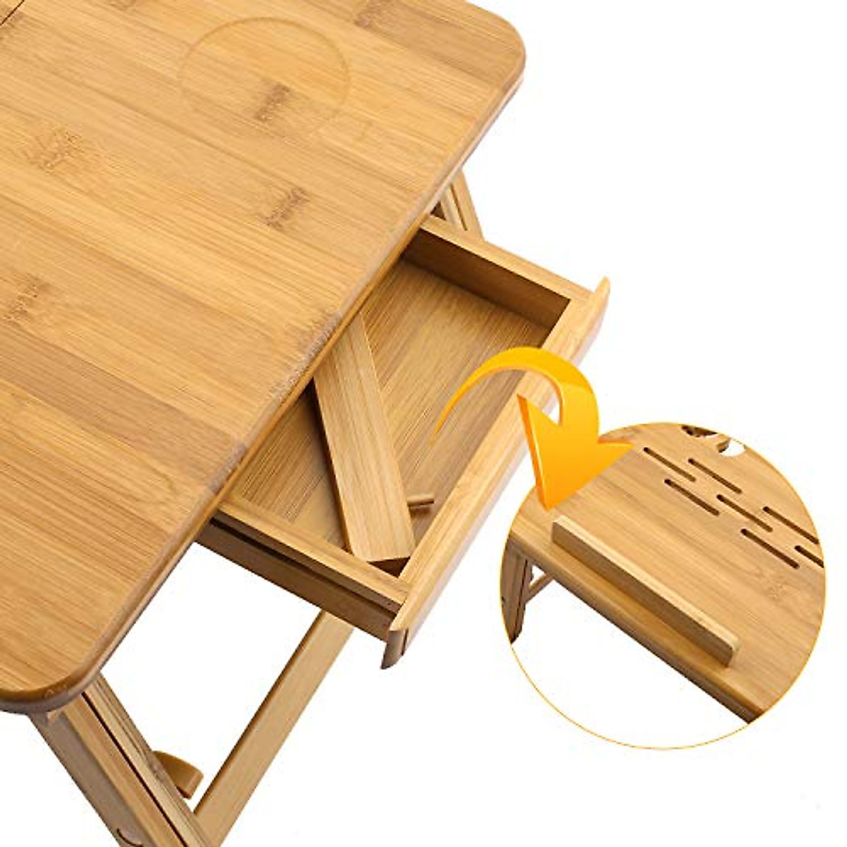 Bamboo Laptop Desk, Adjustable Portable Breakfast Serving Bed Tray with Tilting Top Drawer for Surfing Reading Writing Eating (Bamboo)