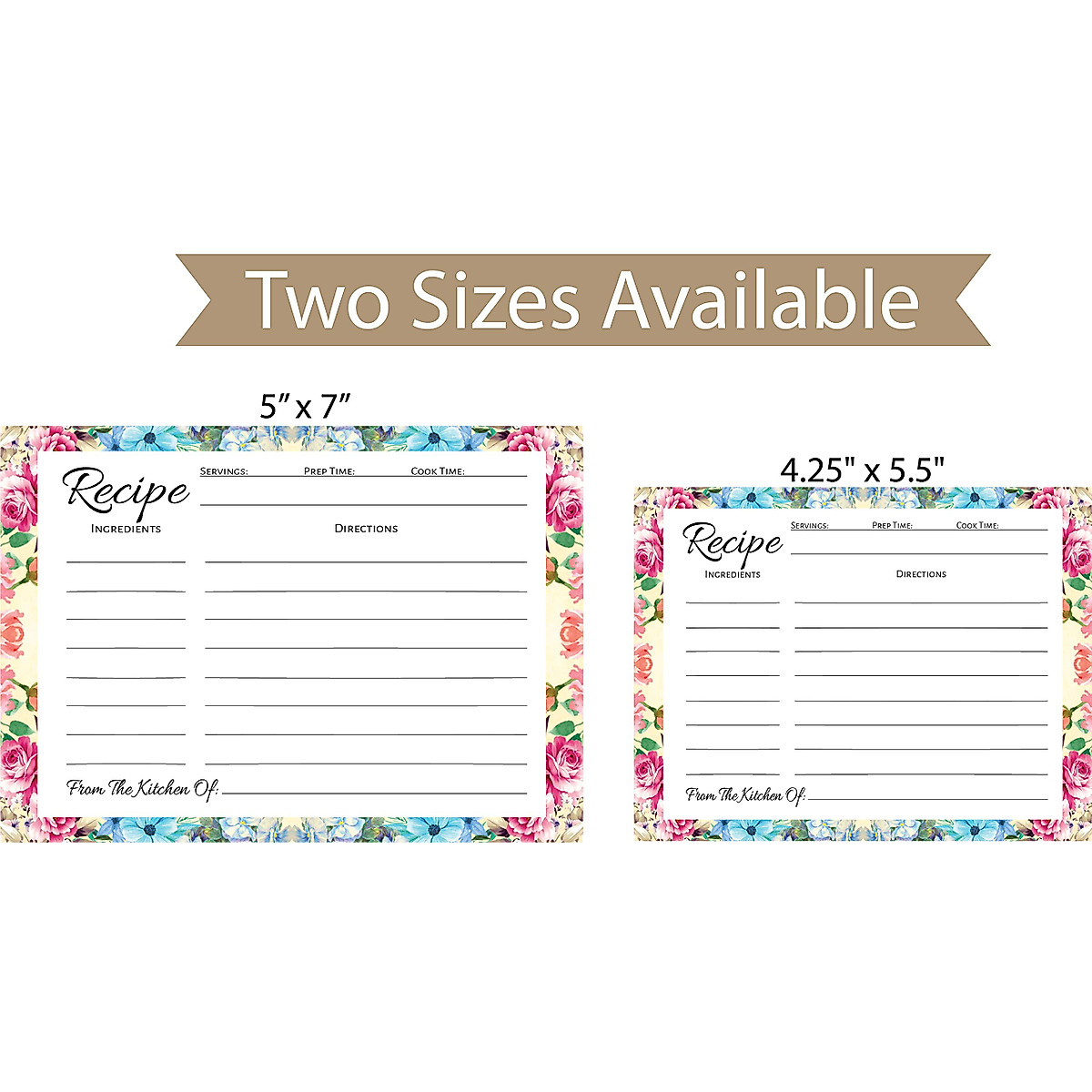 Pioneer Woman Style Floral Recipe Cards (50 Pcs) Flower Recipe Cards, Floral Index Cards, Blank Back Recipe Notecards, Perfect for Bridal Shower (50, 4.25" x 5.5")
