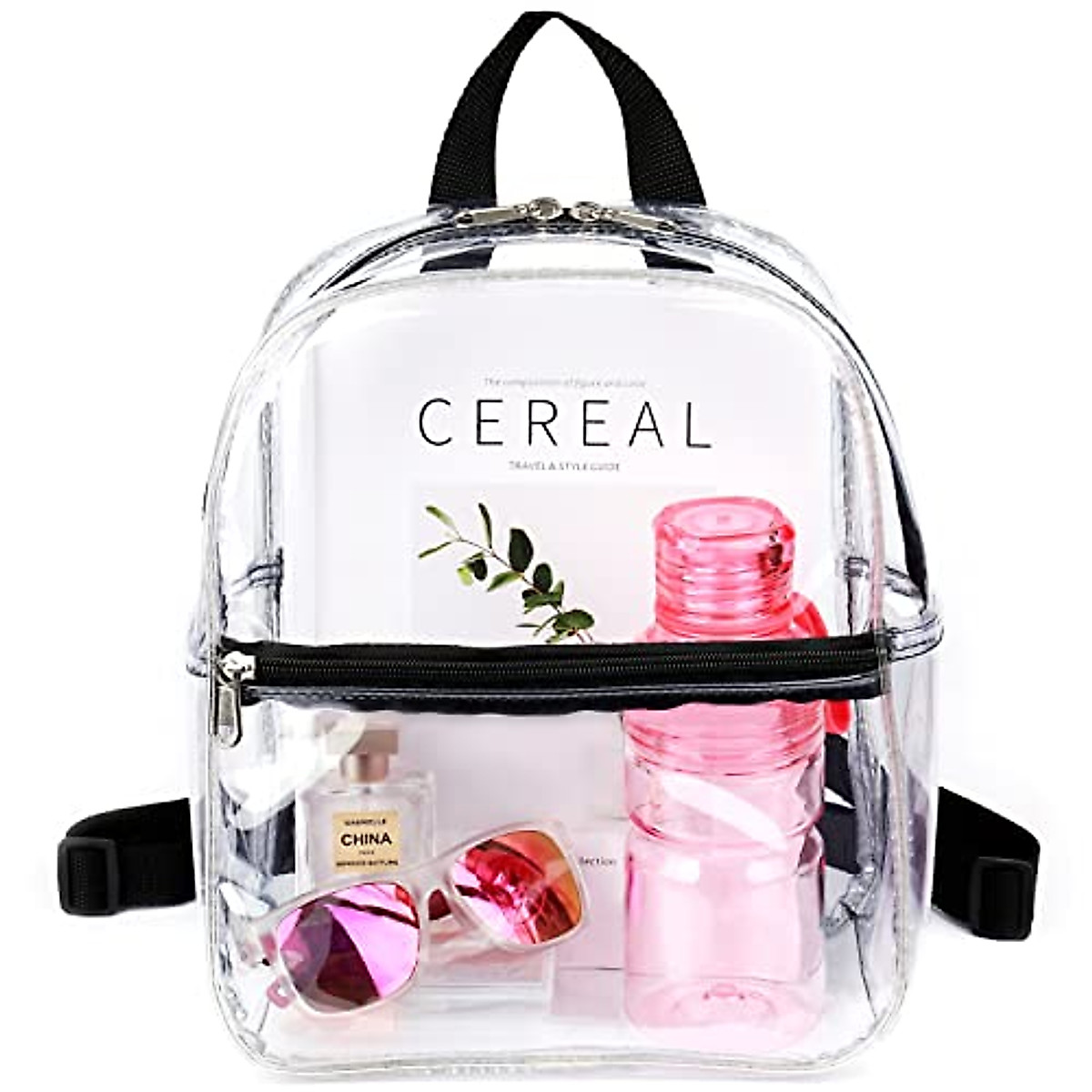 Keepcross Small Clear Backpack Stadium Approved - 12x6x12 Cute Mini Plastic Clear Stadium Bag Great for Festival Sport Events Game Concert,Women Girls,Black Straps