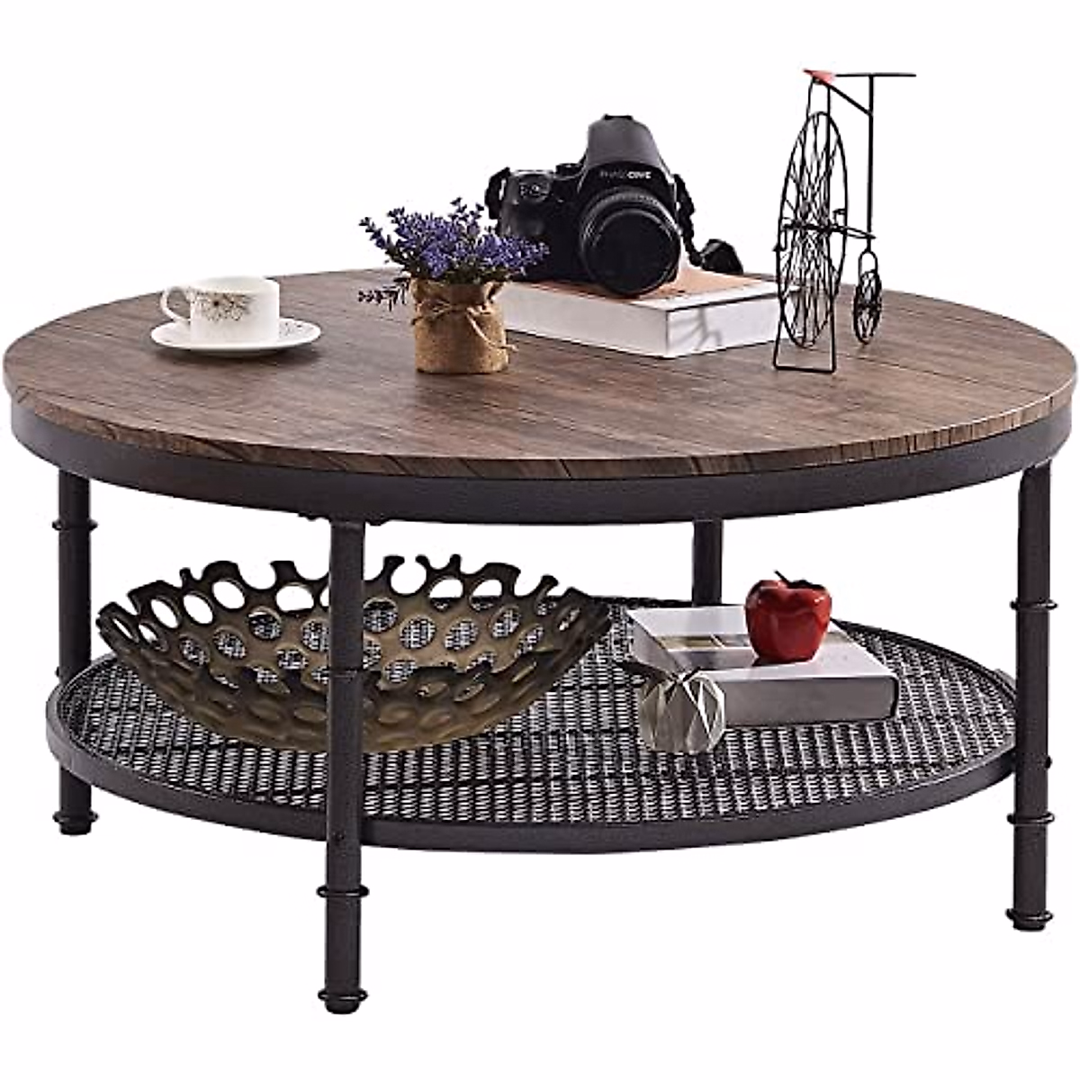 GreenForest Coffee Table Round Small Industrial 2-Tier Coffee Table with Storage for Living Room, Dark Walnut