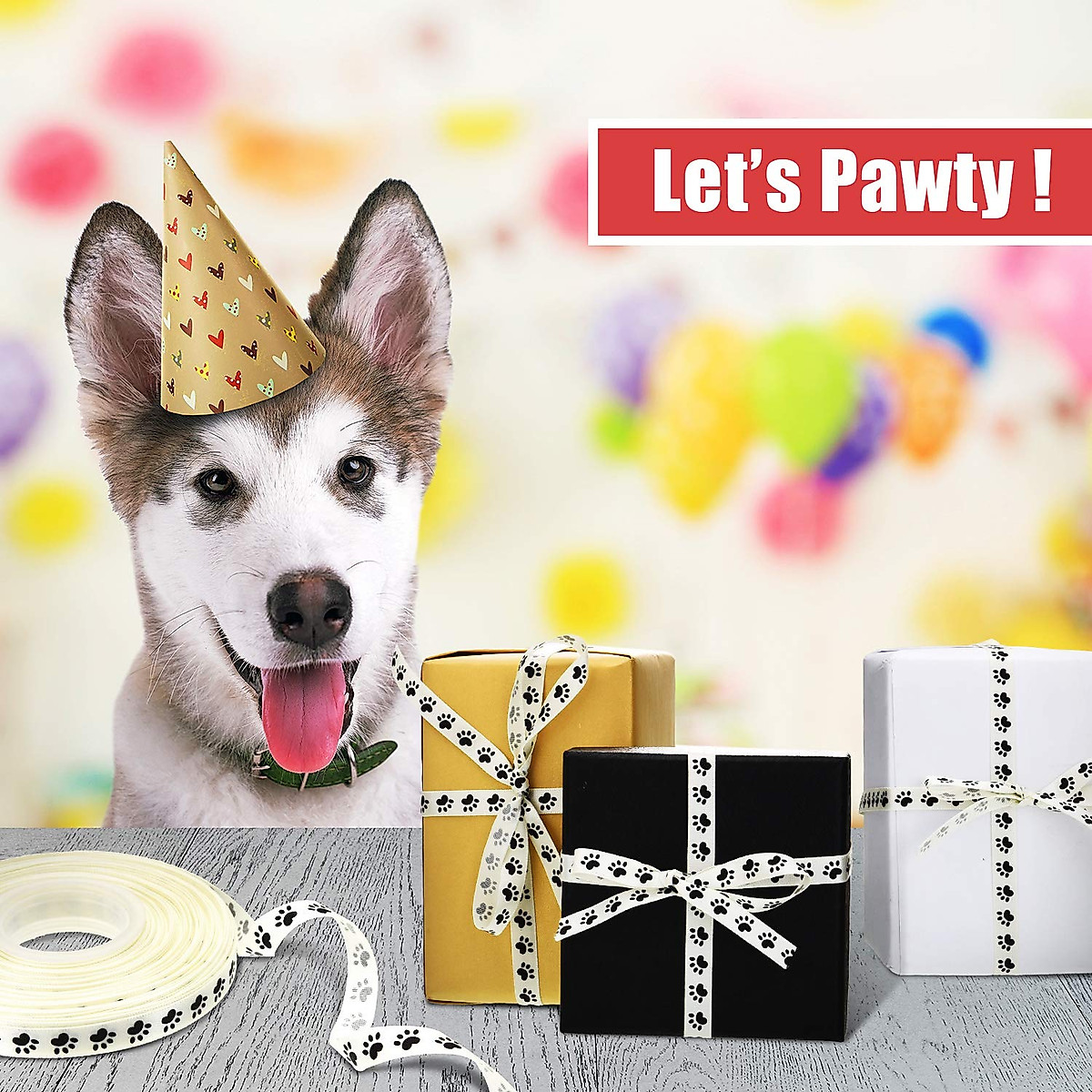 2 Rolls Paw Print Ribbon Paw Party Stain Ribbon Rolls for Dog Paw Print Party Ornaments Gift Wrap Decor, 3/8 Inch by 50 Yard