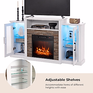 GOFLAME Fireplace TV Stand with LED Lights for TV up to 65”, Entertainment Center with 18” Electric Fireplace, Remote & APP Control, TV Console with Adjustable Glass Shelves (White)