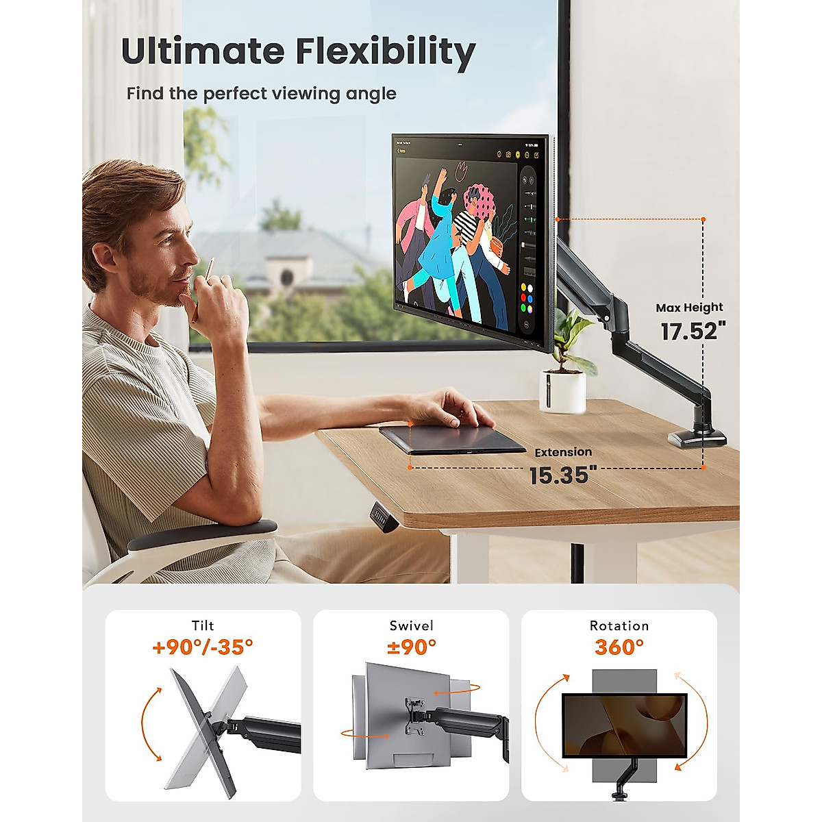 ErGear Single Monitor Arm for 13-34 inch Screens, Adjustable Gas Spring Monitor Mount Holds up to 22 lbs, Computer Monitor Stand with VESA Mount, C-Clamp & Grommet Base, Max VESA 100x100mm,