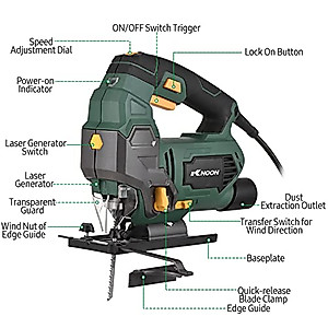 Jigsaw, KKnoon 6.5 Amp 3000 SPM Jig Saw with Laser, 800W Pure Copper Motor, 6 Variable Speed, 6 Replacement Blades, ±45° Bevel Cutting, 4 Orbital Settings, with Tool case