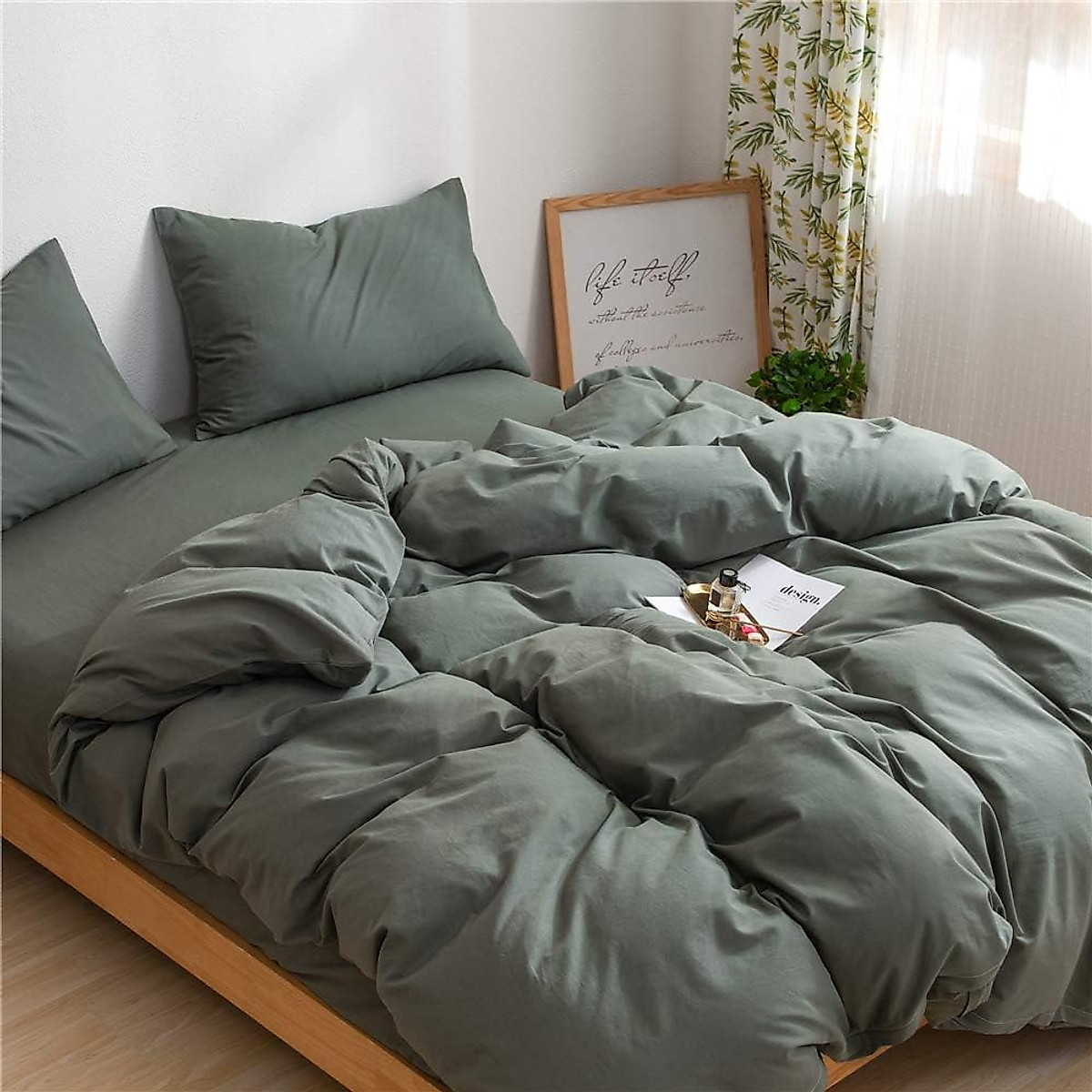 Mucalis Sage Green Duvet Cover Queen 100% Natural Washed Cotton Modern Solid Green Bedding Set with Pillowcases for Adult Girls Boys Zipper Closure Corner Ties Soft
