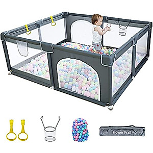 71x59in Large Baby Playpen- Play Yard for Babies Toddlers- Portable Baby Fence Indoor with Door- Anti-Fall Activity Center with Ocean Balls Pull Rings Storage Bag