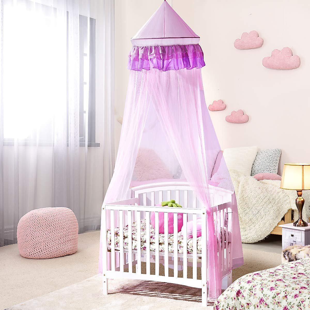 Goplus Princess Bed Canopy Netting Dome with Elegant Ruffle Lace for Girls and Baby Room Decor, Bed Curtains Mosquito Net for Twin, Full, Queen Size Beds, Pink