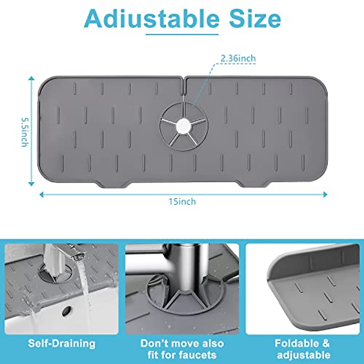 Kitchen Sink Splash Guard,Upgraded Kitchen Guard Silicone Faucet Water Catcher Mat,Silicone Faucet Handle Drip Catcher Tray,Keep Kitchen, Bathroom Sinks Dry (Grey)