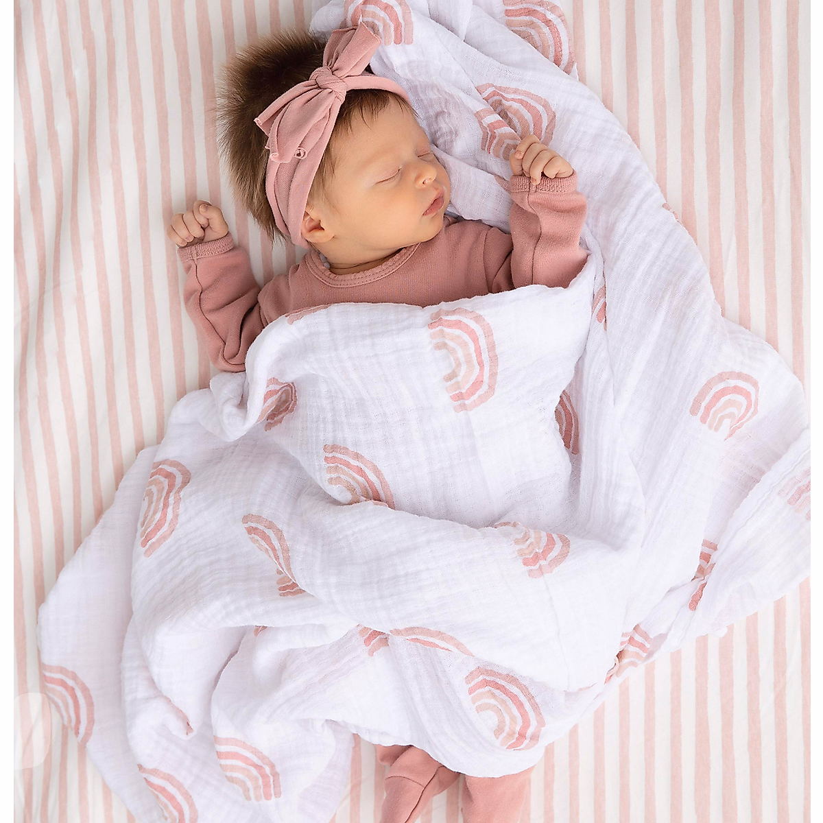 Ely's & Co. Patent Pending Waterproof Pack N Play/Mini Portable Crib Sheet with Mattress Pad Cover Protection I Mauve Pink Stripes and Splash by Ely's & Co.