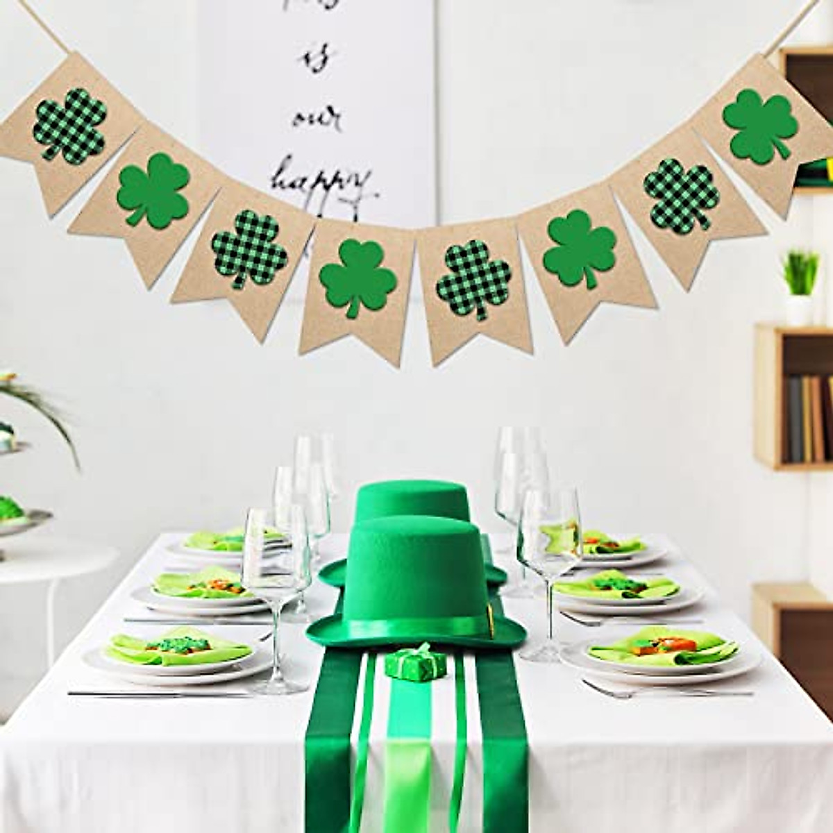 Whaline St. Patrick's Day Banner Green Plaid Shamrock Burlap Banner Pre-Assembled Plaid Shamrock Bunting Garland Sign for Irish Holiday Party Supplies Home Decoration