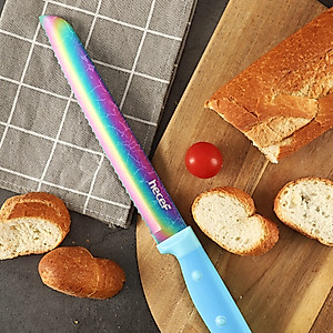 hecef 14 Pieces Knife Set with Block, Rainbow Titanium Knives Set with Laser Pattern, Martensitic Stainless Steel Chef Knife Set with Sharpener, Steak Knife, Scissors, Mothers Day Gift(Blue)