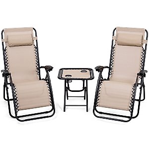 Giantex 3 PCS Zero Gravity Chair Patio Chaise Lounge Chairs Outdoor Yard Pool Recliner Folding Lounge Table Chair Set Backyard Lounge Chairs (Beige)