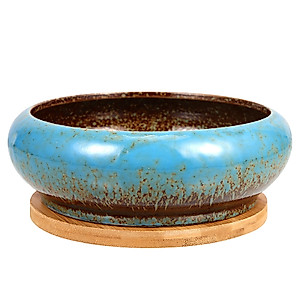 ERINGOGO 7 inches Succulent Pots, Ceramic Flower Planter Pot with Drainage and Tray, Round Shallow Bonsai Bowl Drip Planter for Small Indoor Plants