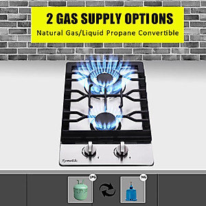 Gas Cooktop 12 Inch, 2 Burners Gas Stovetop Built-in Stainless Steel Gas Stove Dual Fuel LPG/NG Convertible Gas Hob for RVs, Apartments, Outdoor