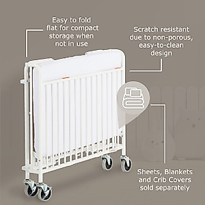 Foundations Stowaway Metal Folding Crib, Portable Baby Crib with Foam Mattress and Commercial Grade 3" Casters, Compact Traveling Crib (White Steel)