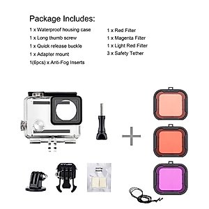 GEPULY Standard Waterproof Housing Case with Dive Filters for GoPro Hero 4, Hero 3+, Hero3 Action Cameras - 131 ft (40M) Underwater Photography - with Red, Light Red, Magenta Filters