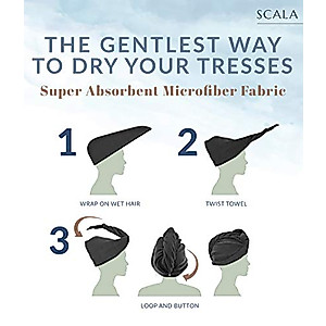 Scala Microfiber Turban Hair Towel Wrap (2 Pack) for Women - Fast Dry, Super Absorbent, Anti-Frizz, Tangle-Free, Quick Drying and Plopping for Wet Curly Hair