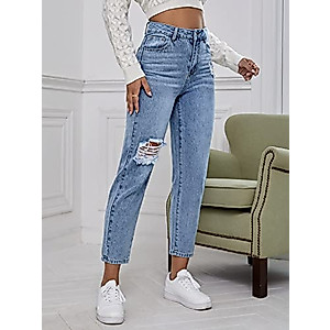 WDIRARA Women's High Waisted Ripped Jeans Distressed Tapered Stretchy Denim Pants Light Wash L