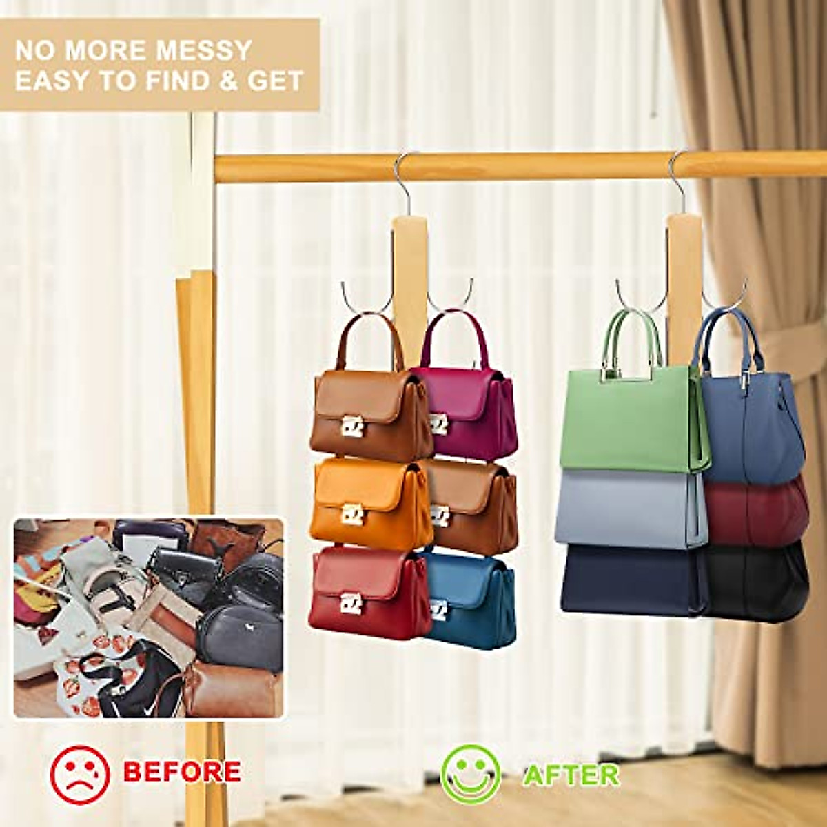 Volnamal Purse Hanger Organizer for Closet, Wood Handbag Storage Holder Metal Hanging Space Saving Hook, Closet Organizers and Storage Scarves, Ties, Shawls, Backpacks, Belts