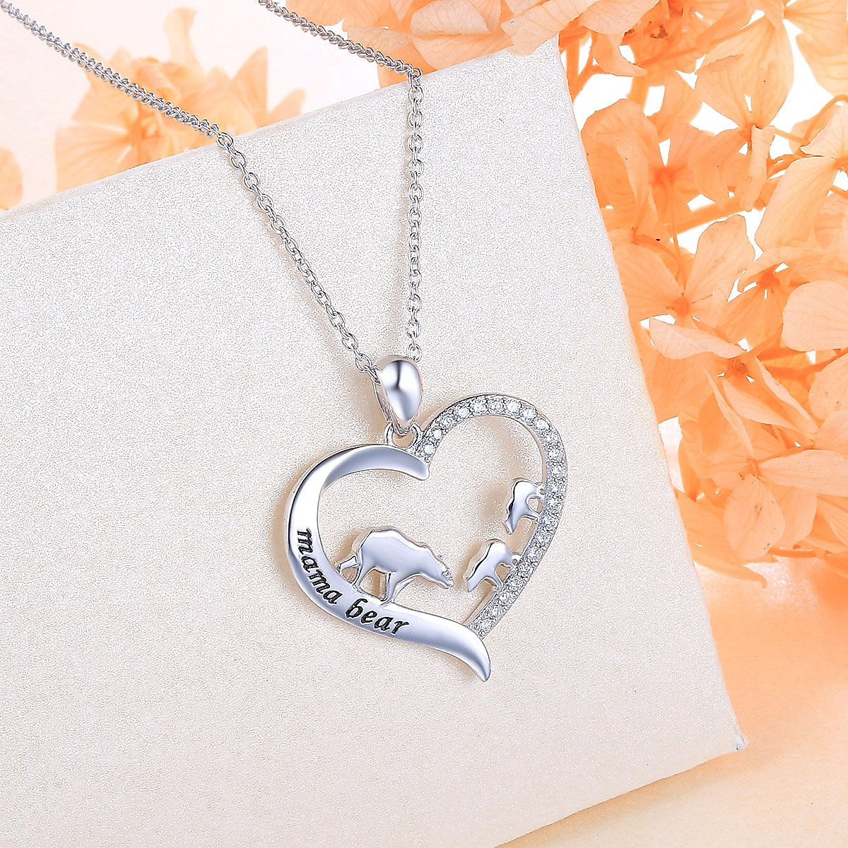 DAOCHONG Mother and Child S925 Sterling Silver Mama Bear with Cub Heart Pendant Necklace for Family (2 cubs)